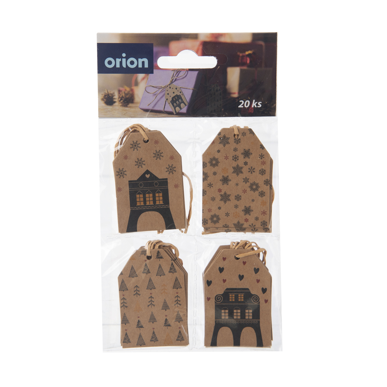 Visačky-jmenovky papír vánoční DOMKY 20 ks přírodní